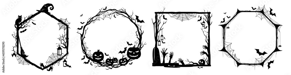 Halloween holiday black frames set. Trick or treat scary silhouettes ...