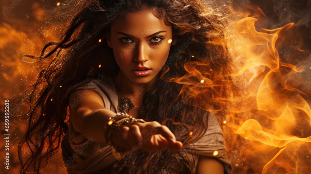 collage photo of strong warrior woman fighting with fire around her ...