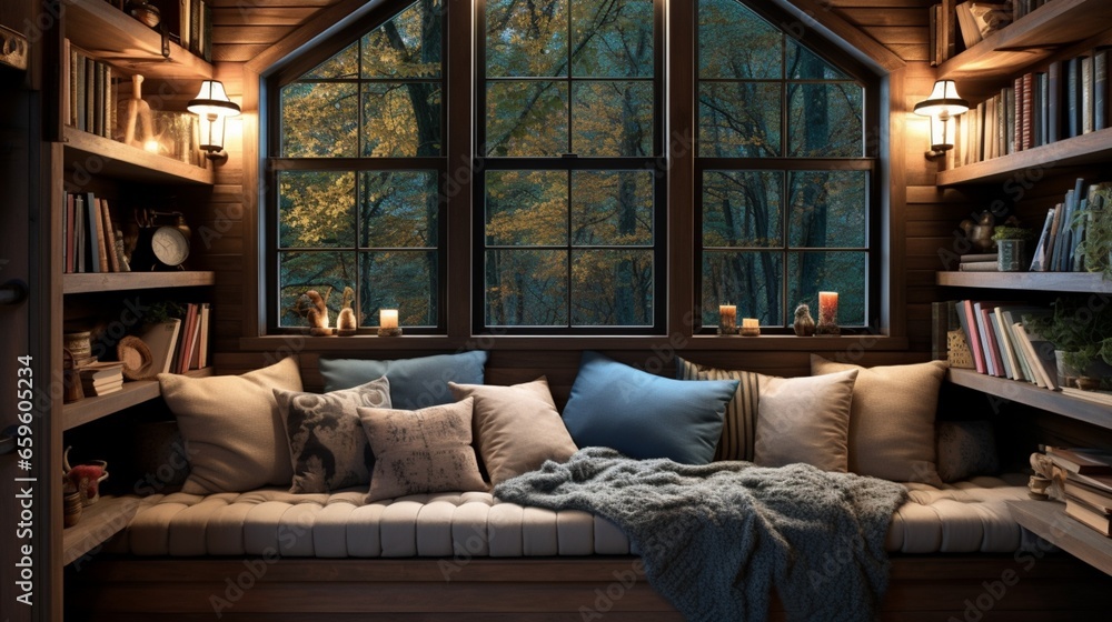 Cozy up in a den with a built-in bookshelf and a window seat, the ...