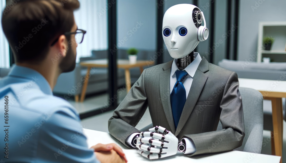 Sophisticated Robot Interviewer. A robot donning a tie listens to a ...
