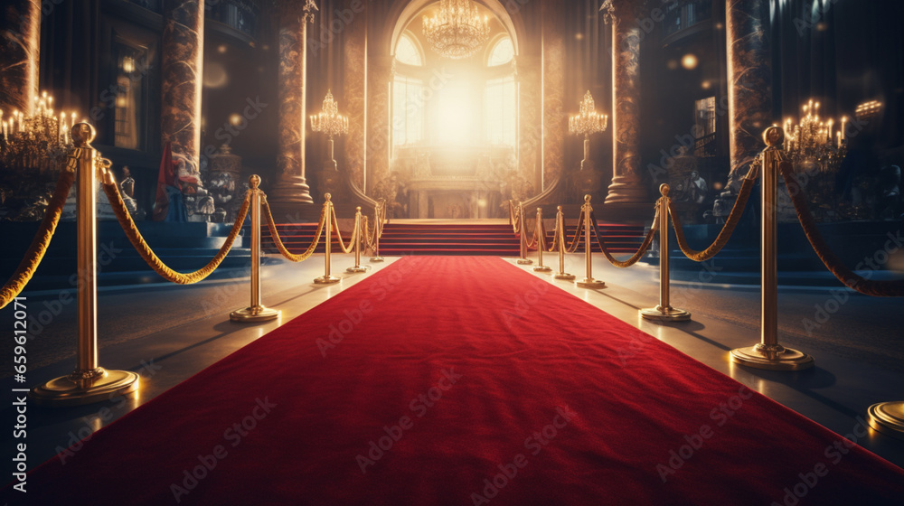 Red carpet rolling out in front of glamorous movie premiere background ...