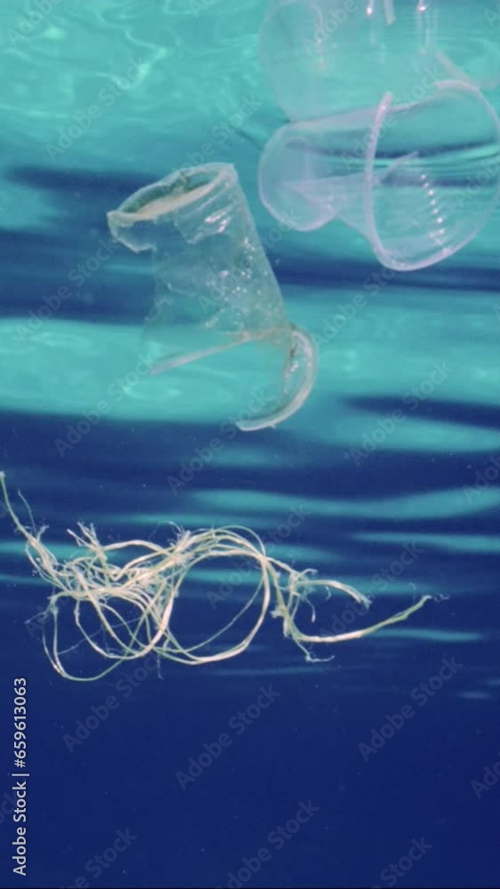 Vertical video, Plastic debris floating below surface in blue water ...