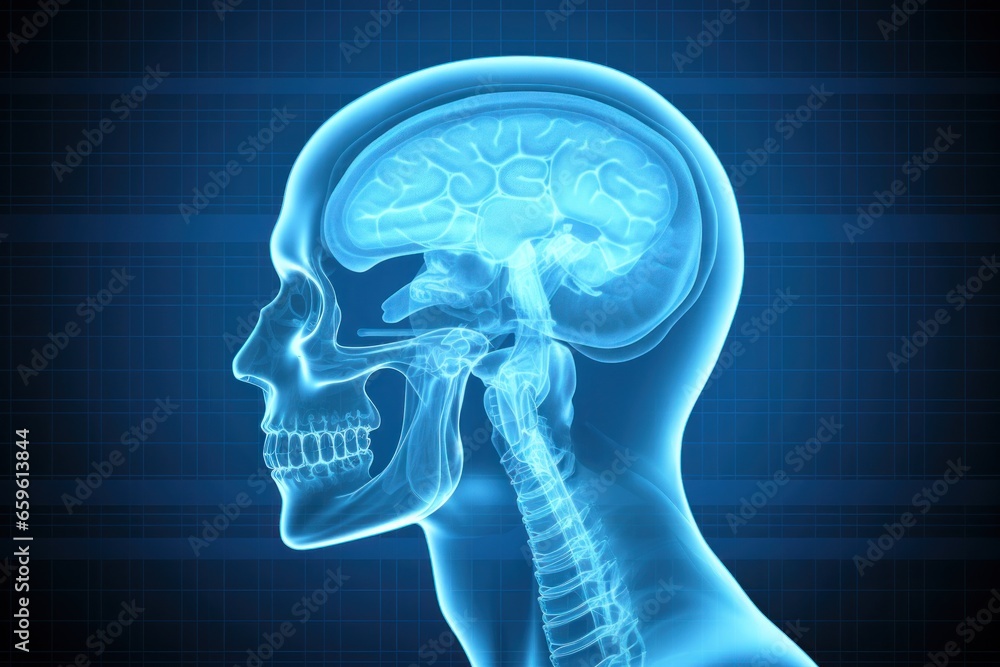 X-ray of human head. CT head blue scan, side view. MRT scan generated ...