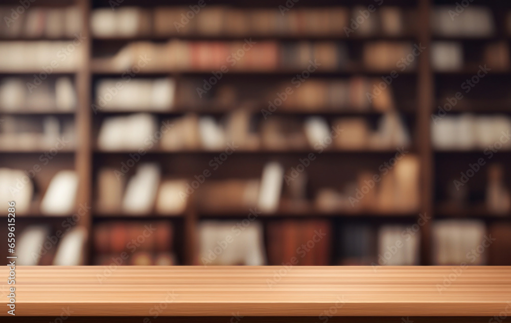 Empty wooden bookshelf in front, blurred books wall background. Library ...