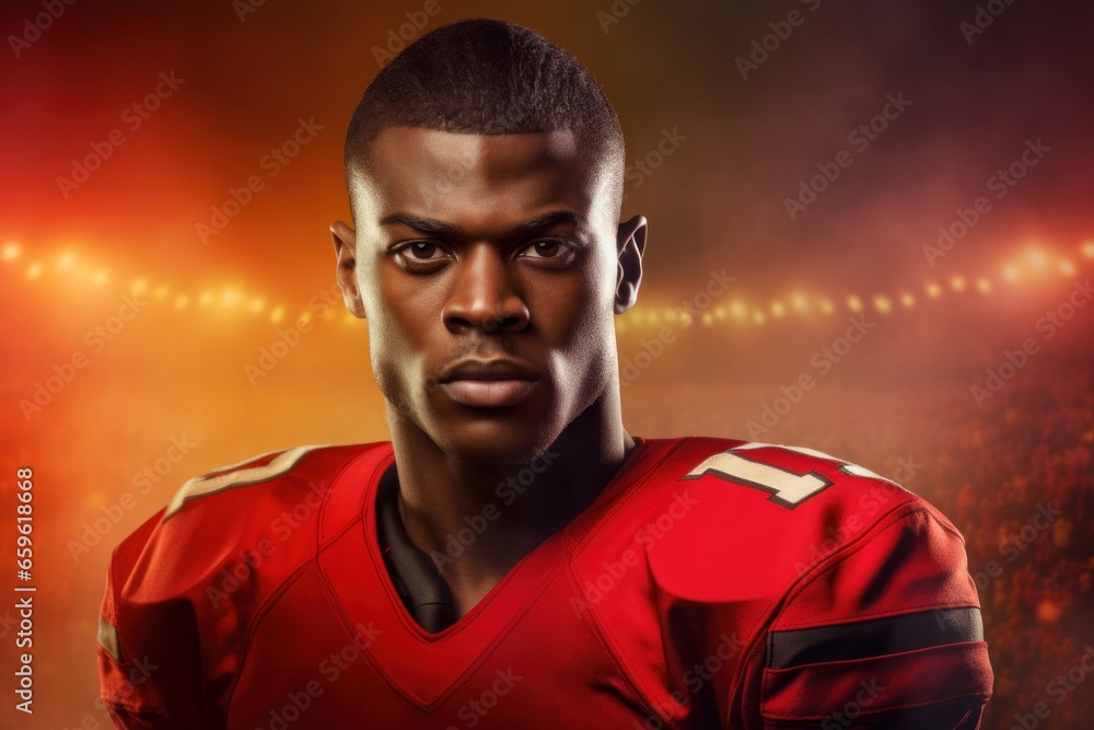 Black american football player face portrait. Red sport uniform, blurred football stadium ...