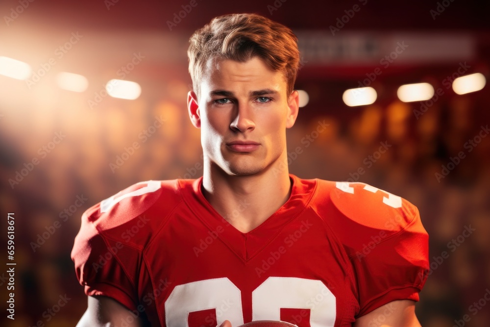 American football quarterback player face portrait. Red sport uniform ...