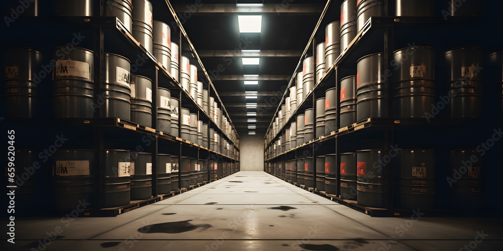 Chemical storage of explosive products sorting in big barrels indoors ...