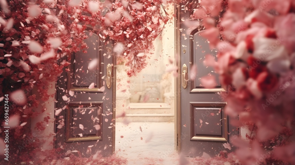 Flower petals flying through an open door of a luxury rich house. Stock ...