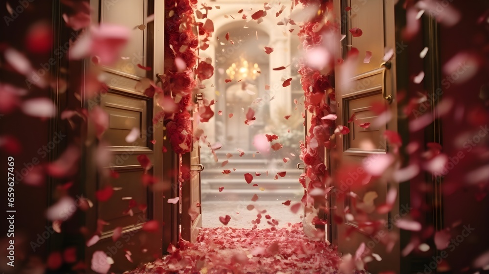 Flower petals flying through an open door of a luxury rich house. Stock ...