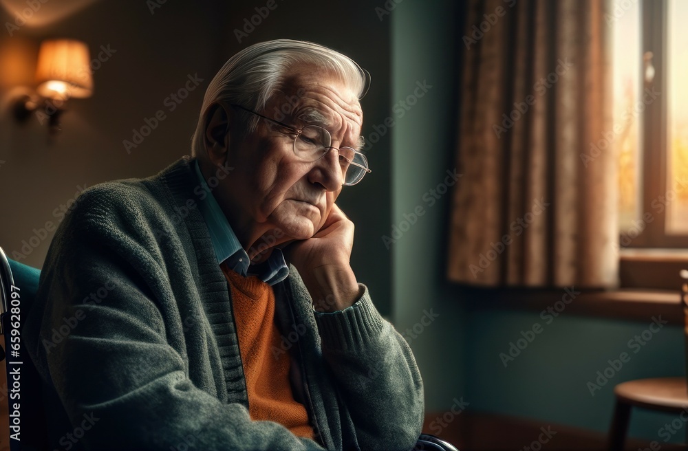 Sad senior man in wheelchair feeling depressed, suffering from ...
