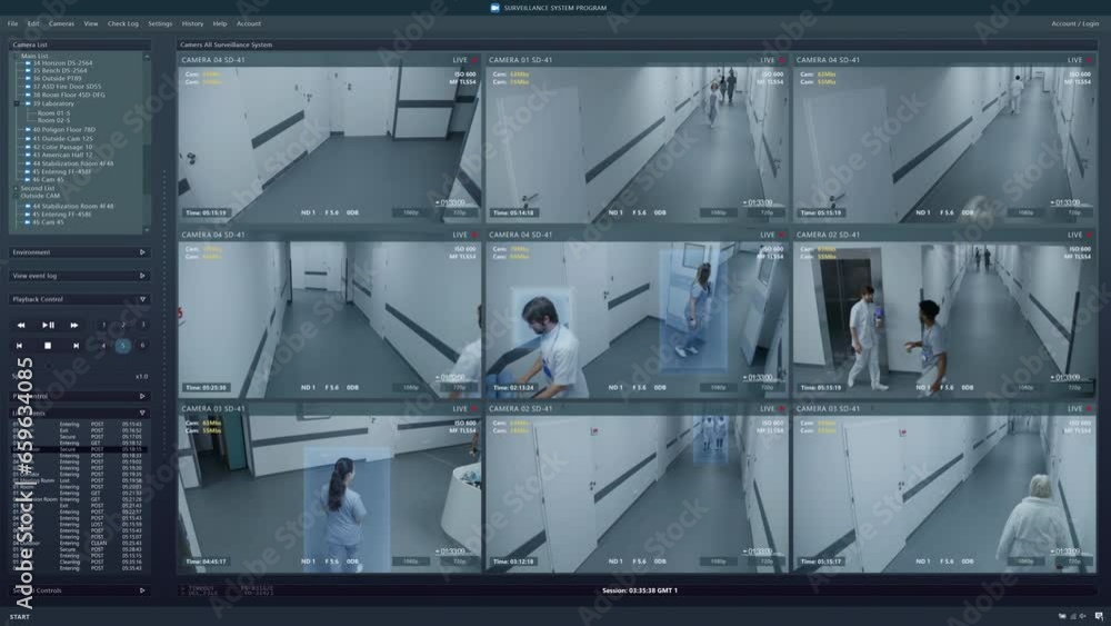 Playback CCTV cameras in hospital hallway on computer screen ...