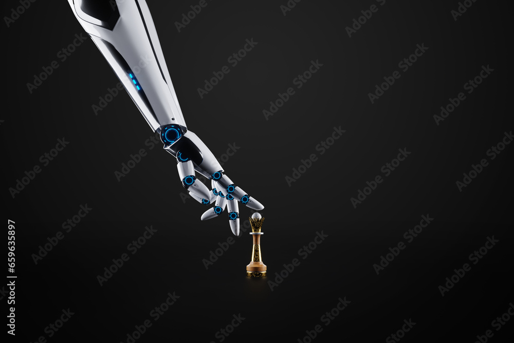 Robot hand, artificial intelligence plays chess. Concept: Solving human ... Robot hand, artificial intelligence plays chess. Concept: Solving human ...