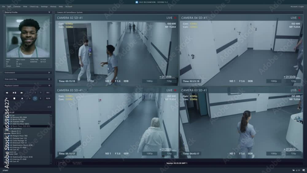 Playback CCTV cameras in modern hospital on computer screen. User ...
