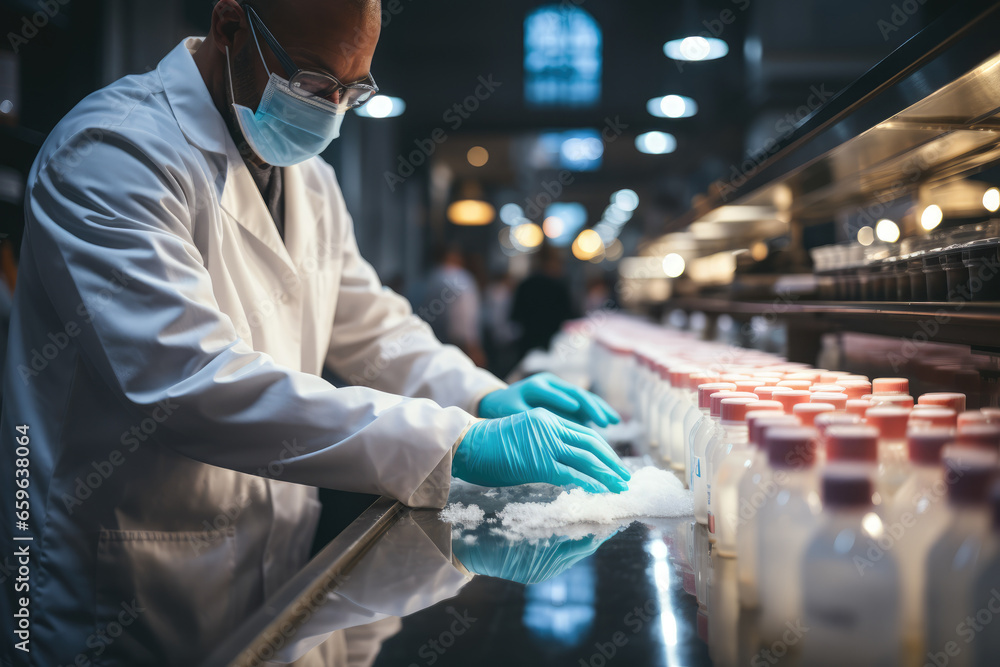 A pharmacist dispensing medication with gloves to maintain ...