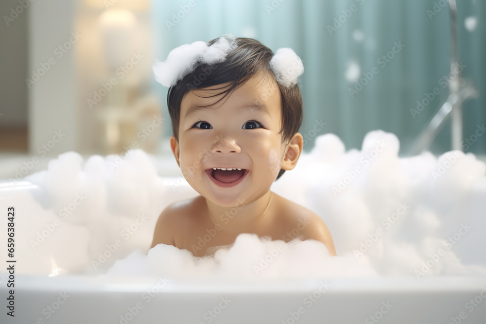 bath time, little asian child boy taking bubble bath in beautiful ...