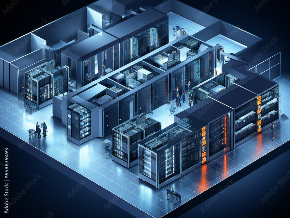An elevated perspective captures a data center or server room with a V ...