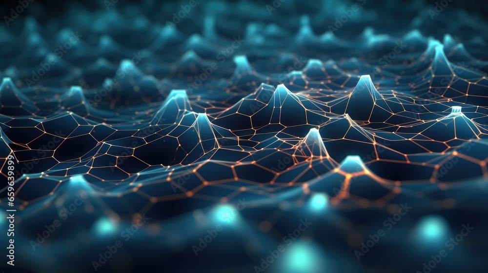 Abstract tech background with interconnected cyber cells and artificial neural connections ...