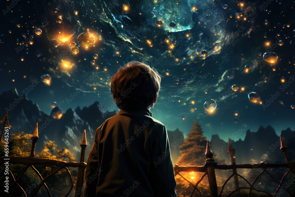 A child looking at the night sky with wonder and imagination ...