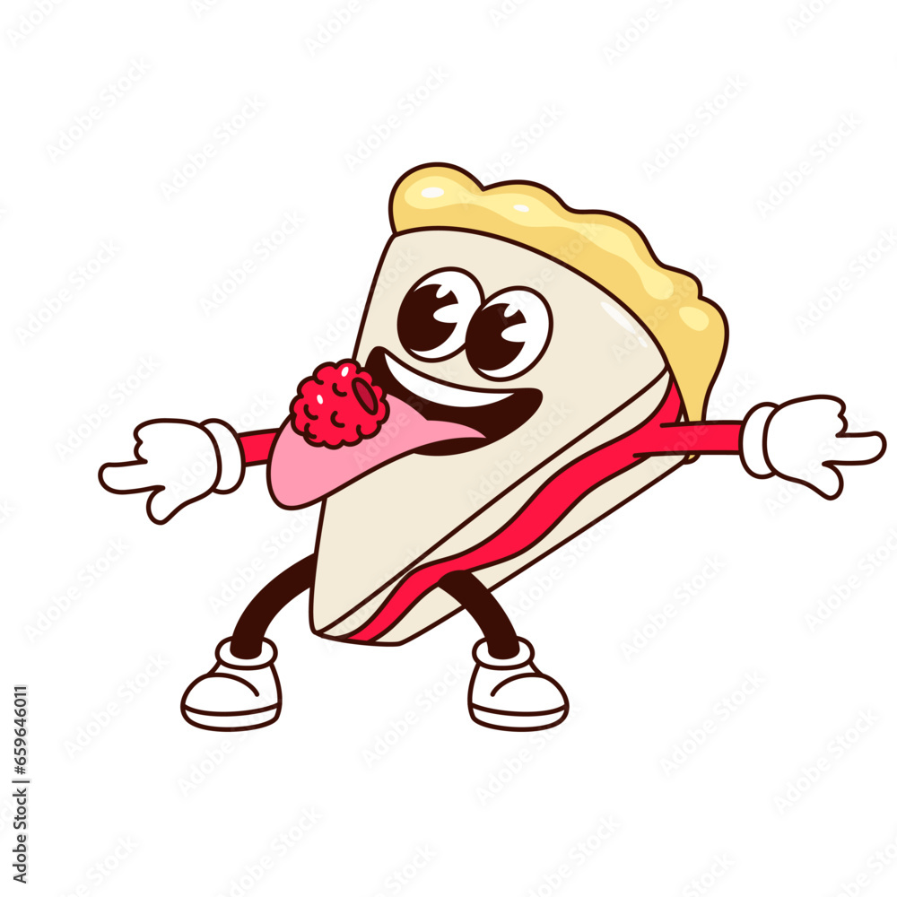 Groovy cheesecake slice character vector illustration. Cartoon isolated ...