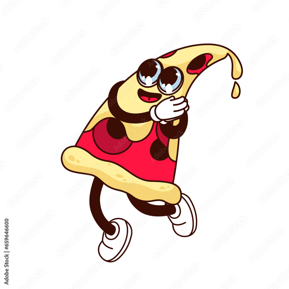 Groovy pizza slice character vector illustration. Cartoon isolated ...