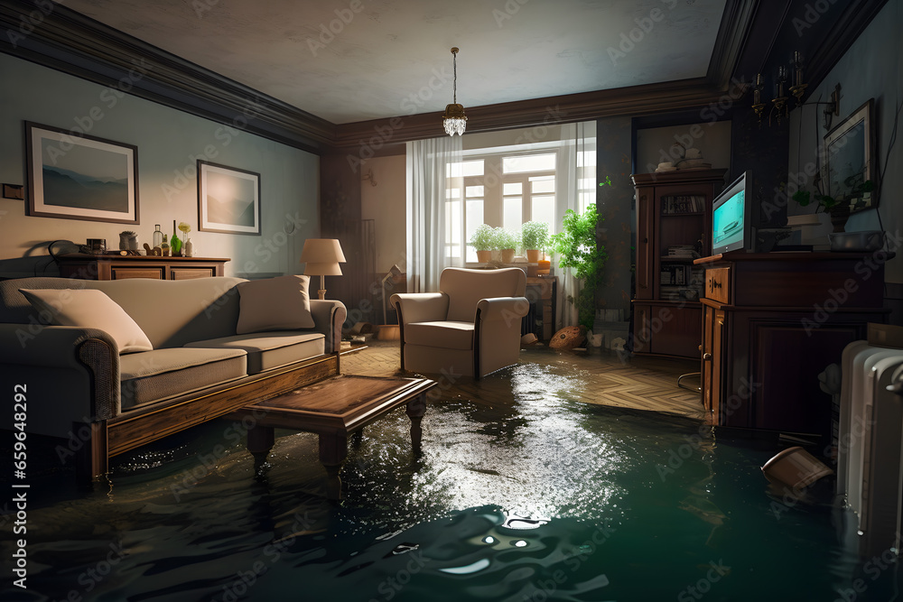 Flooded living room with water in a private house. High water level ...
