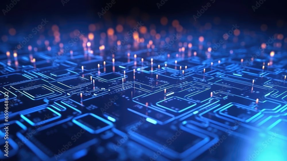 Abstract tech background with illuminated fiber optic connections, quantum computing network ...