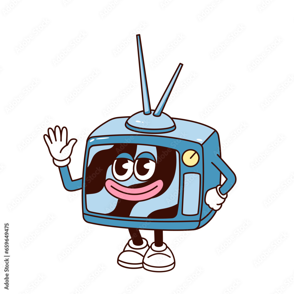 Groovy retro TV character vector illustration. Cartoon isolated vintage ...