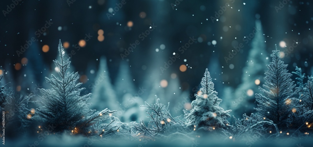 Snowy winter blurry landscape with Pine trees in blizzard. Season ...