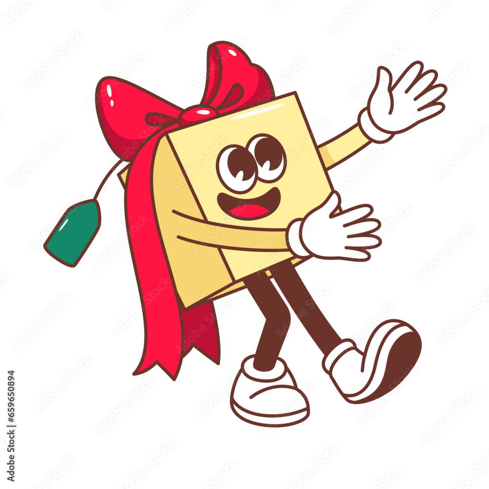 Groovy gift character vector illustration. Cartoon isolated retro funky ...