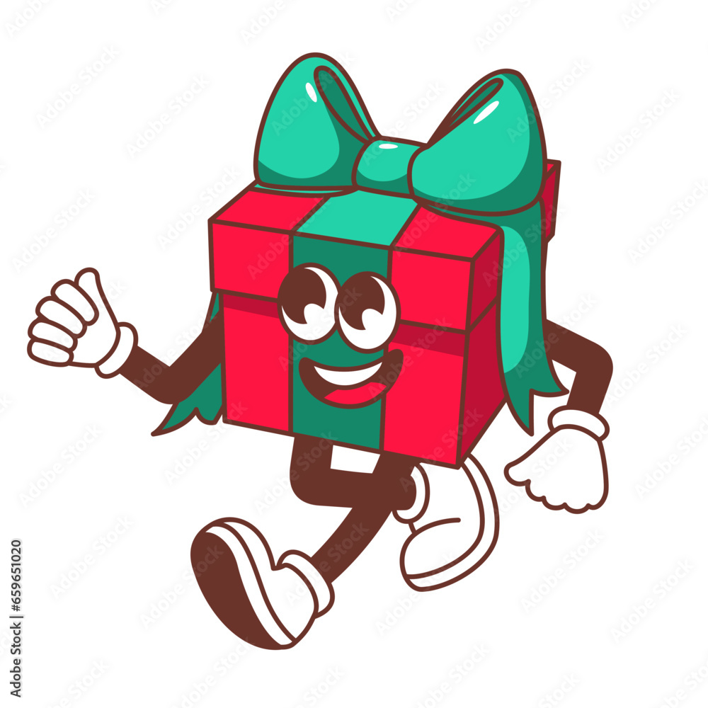 Groovy gift character vector illustration. Cartoon isolated retro ...