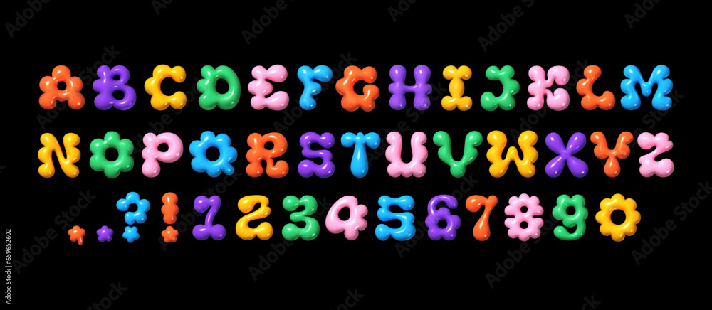 Trendy Y2K glossy 3D bubble font with inflated balloon English letters ...