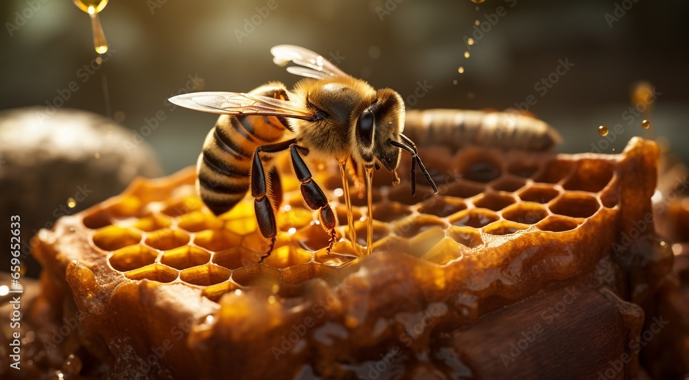 close-up of a bee on a honey, bee doing honey, bee in beehive, close-up ...