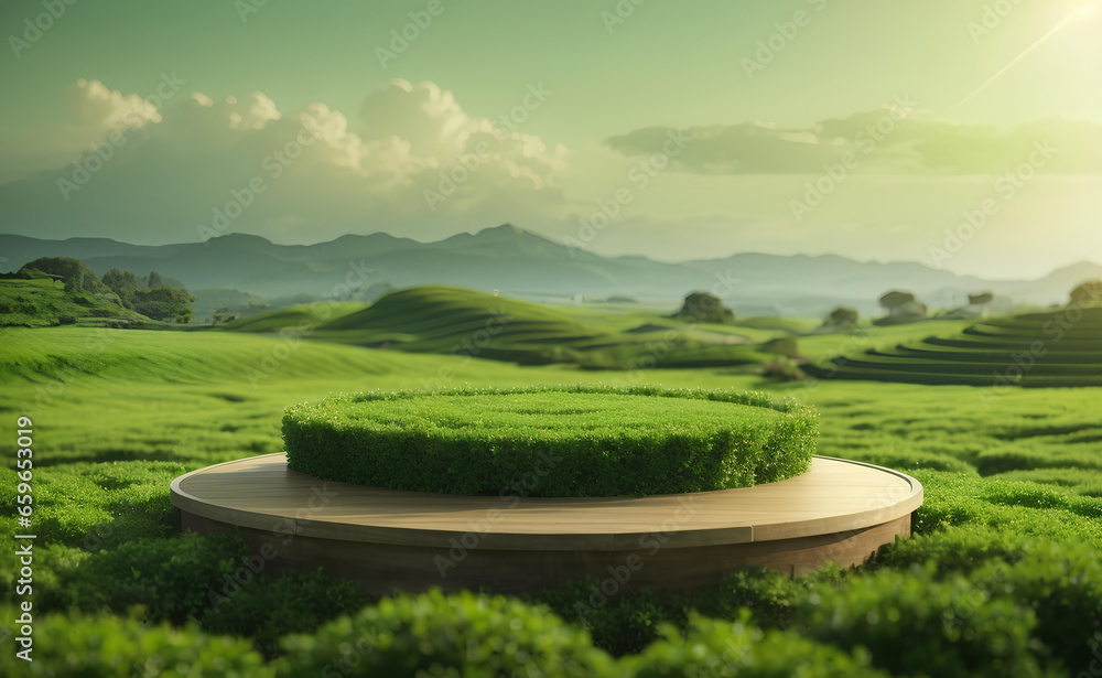 Modern podium with green tea field background. Stock Photo | Adobe Stock