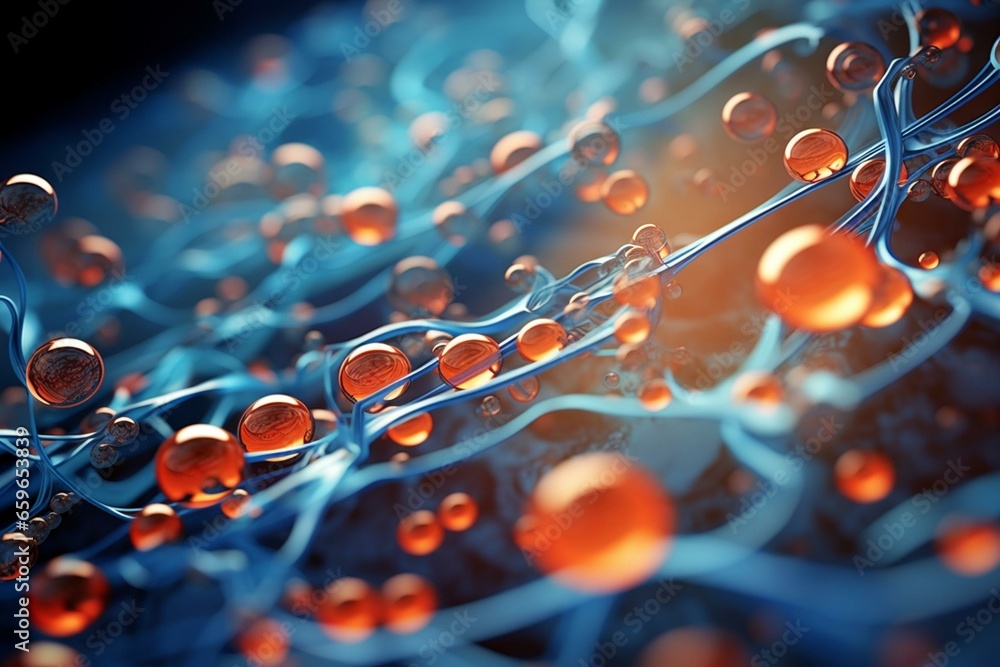 Diffusing liquid molecules through cell membrane in a microscopic view ...