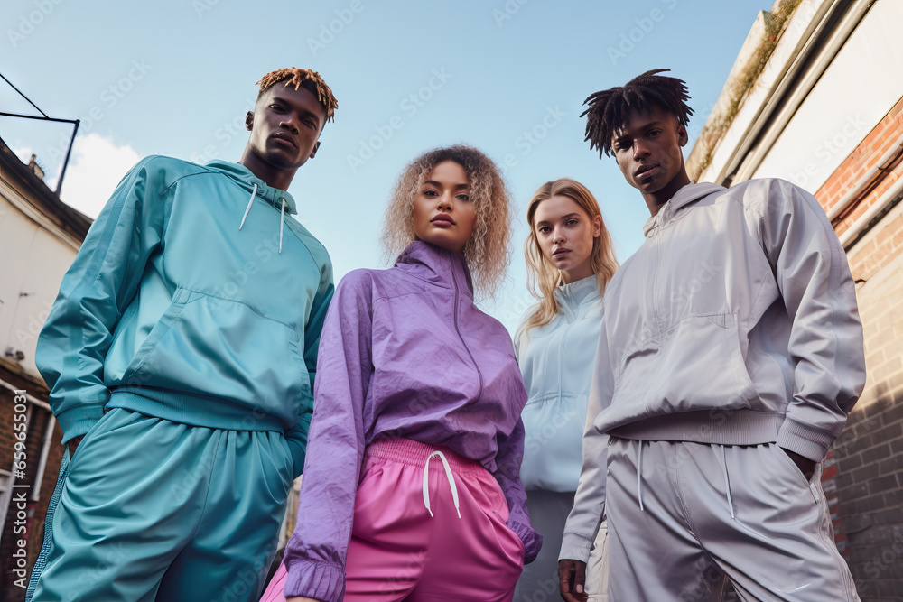 A diverse group of four young people wearing trendy athletic clothing ...