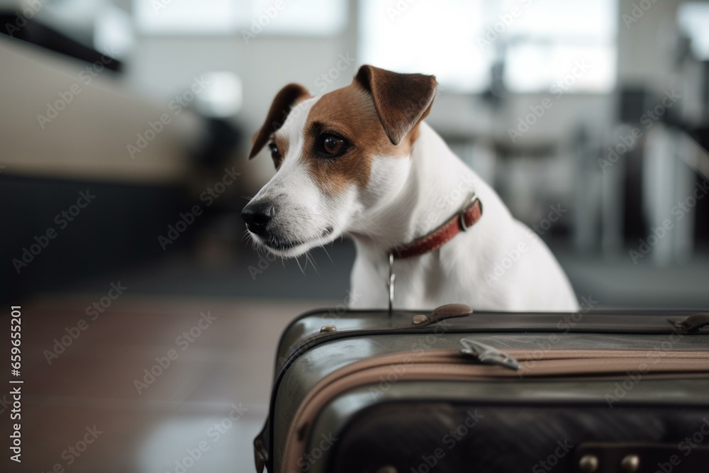 Jack Russell dog anticipates airplane boarding, luggage aside ...