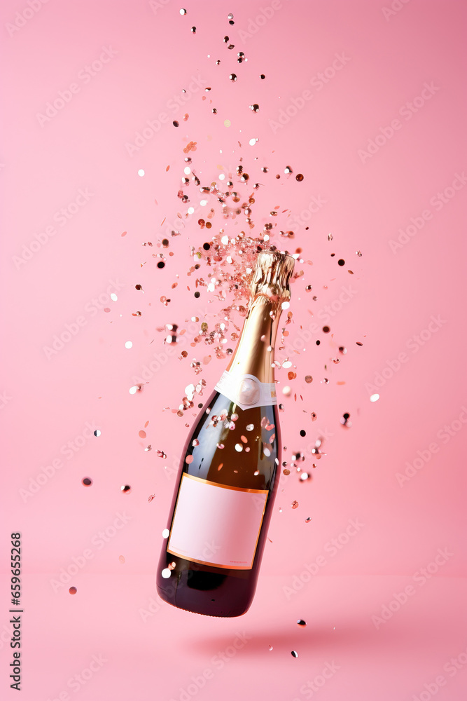 Bottle of champagne popping with a spray of confetti on a pink ...
