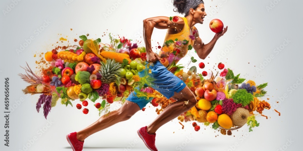 An Athlete Running with a Bouquet of Fruits and Vegetables Against a ...