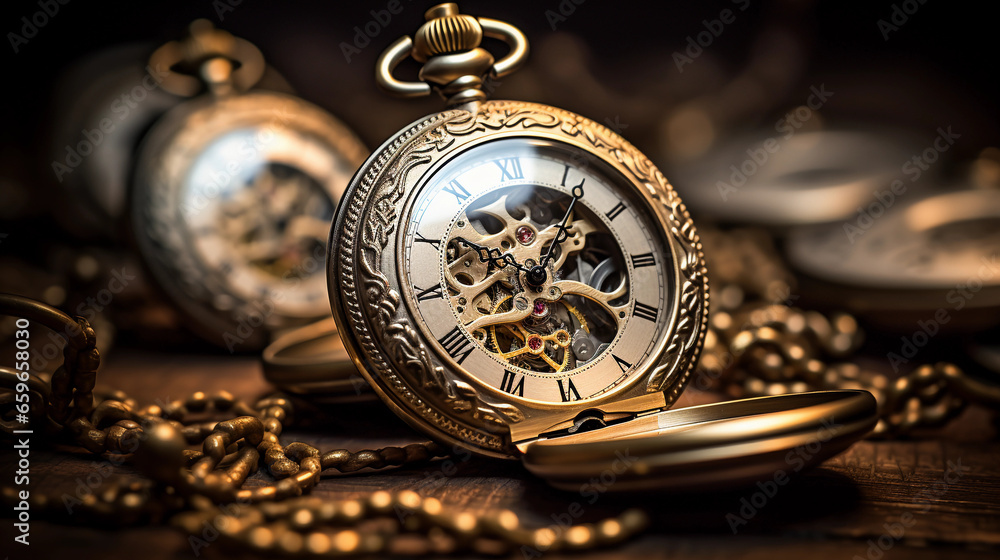 Antique pocket watches opened to show delicate inner workings, surface ...