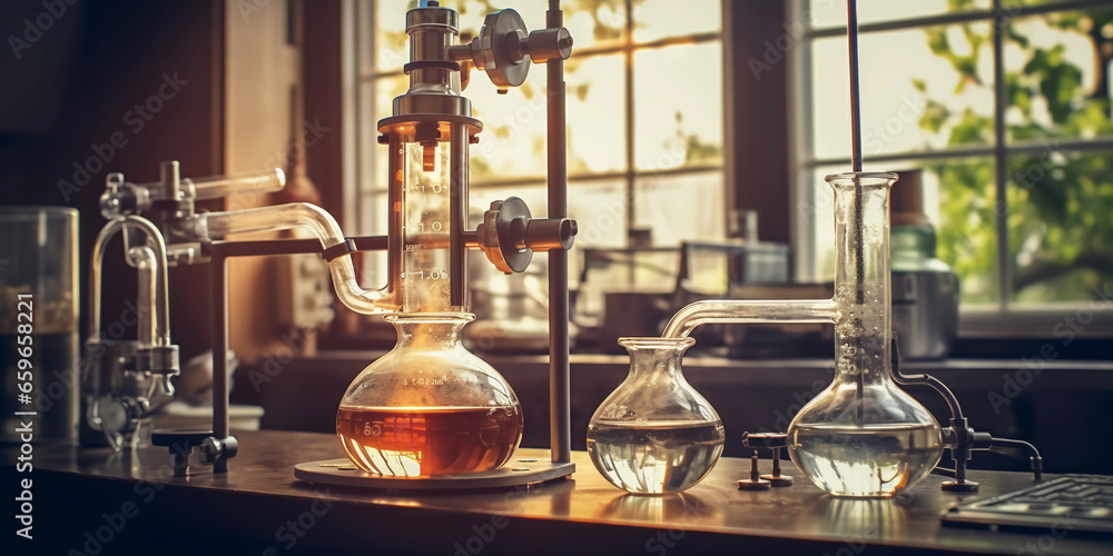Distillation apparatus setup in a chemistry lab, glass condenser and ...