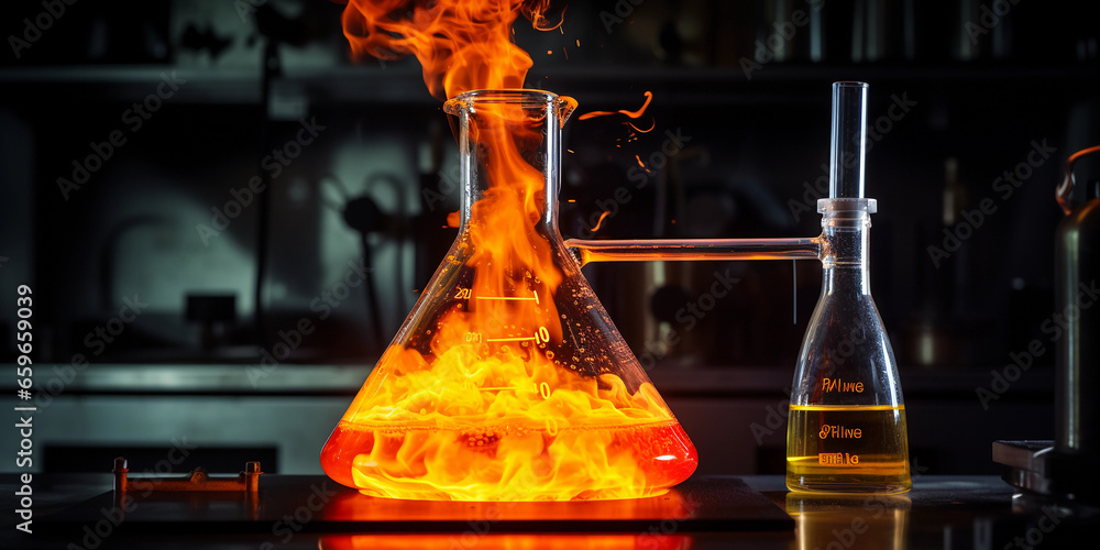 Vibrant sodium flame test, bright yellow - orange flame against a pitch ...
