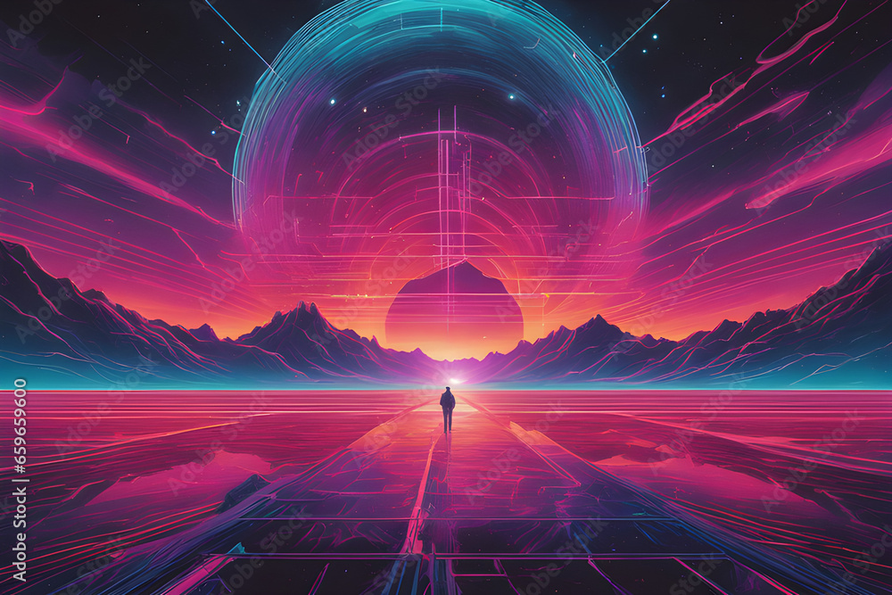 Neon glowing sun and neon sky with big neon mountain and a human ...