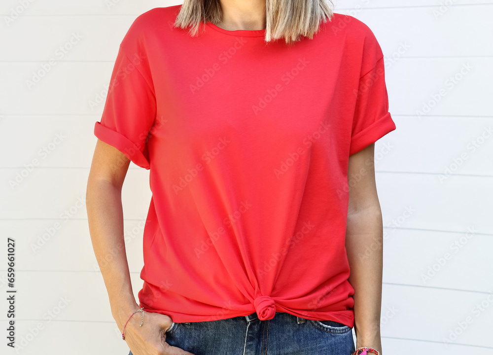 Girl red t shirt template. Model Red Tshirt Mock Up. Woman poses in a ...