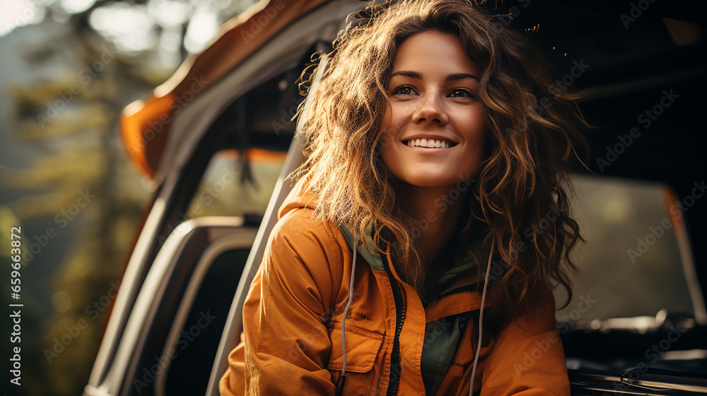 Schöne junge Frau mit langen lockigen Haaren, die lächelnd auf einem ...