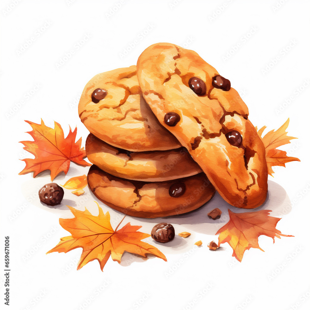Traditional autumn oat cookies with chocolate crumb. Rustic watercolor ...