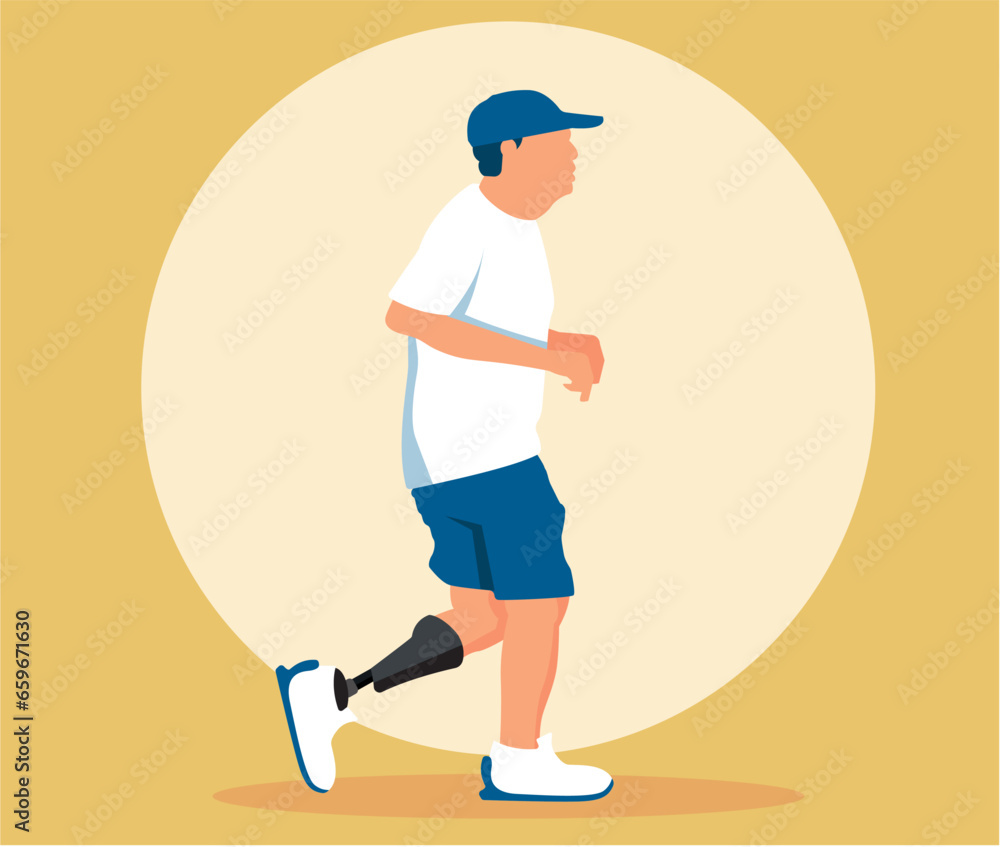 Disabled old man with a prosthetic leg running outdoors. Technology and ...