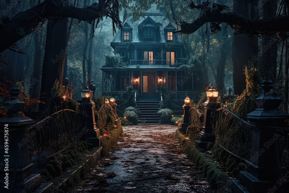 Mansion iluminada terrorifica por la noche en un bosque lugubre ...