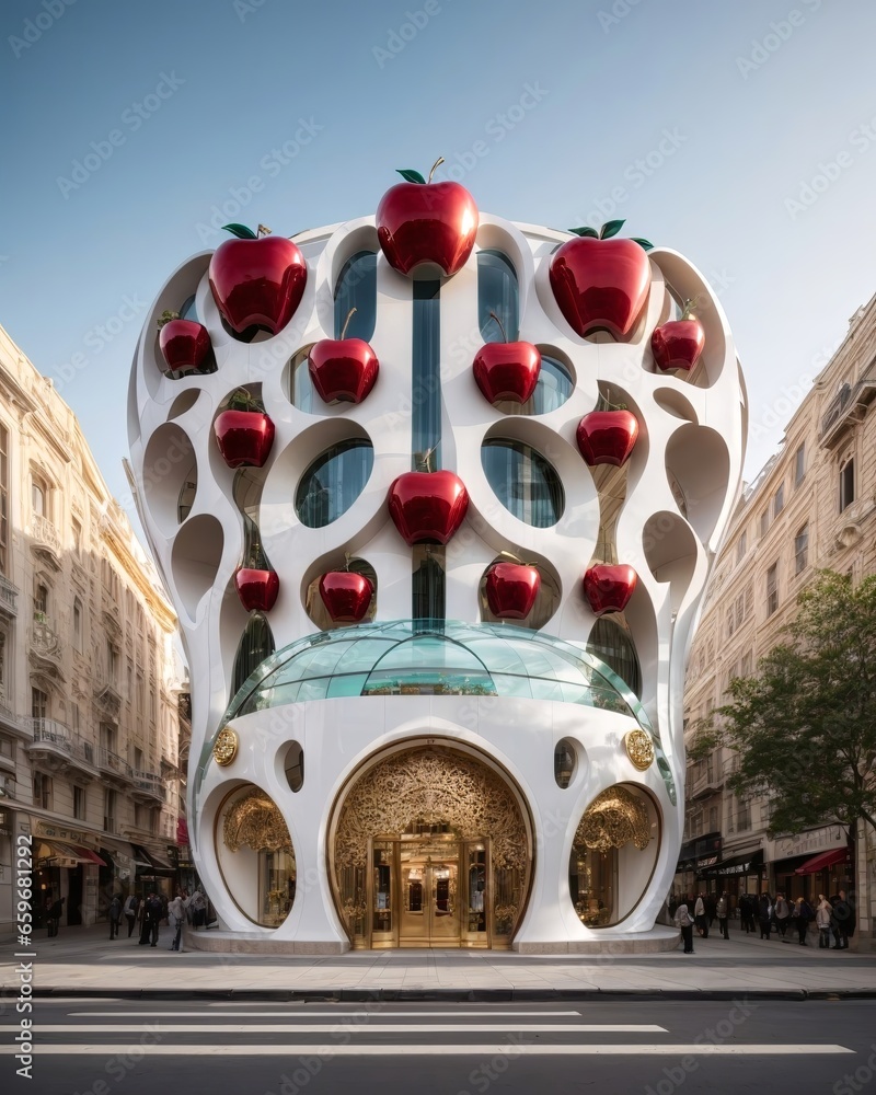 A building adorned with apple sculptures on its roof Stock Photo ...