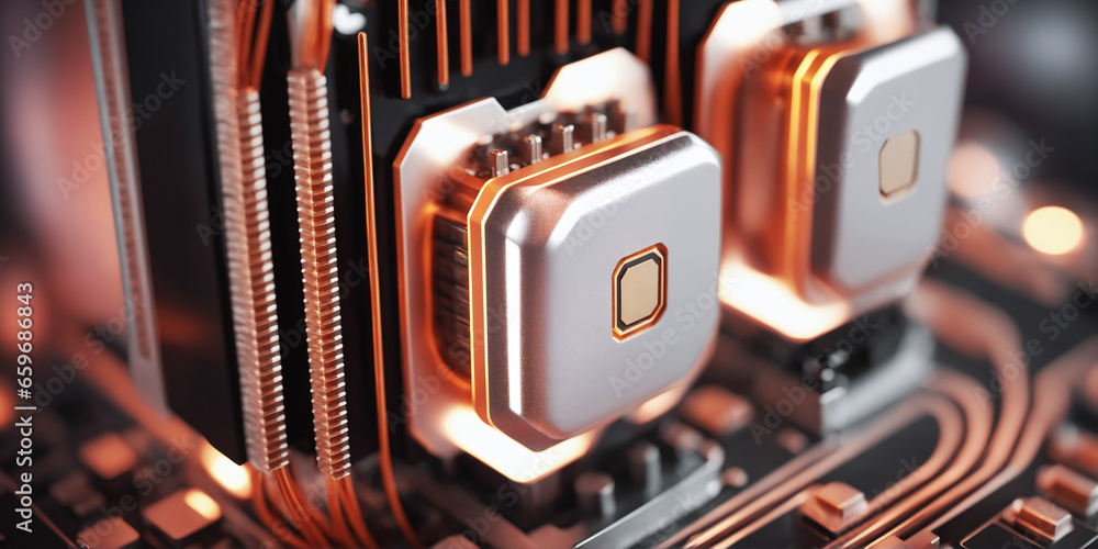 Tech-themed 3D render with computer components, depth of field, and ...