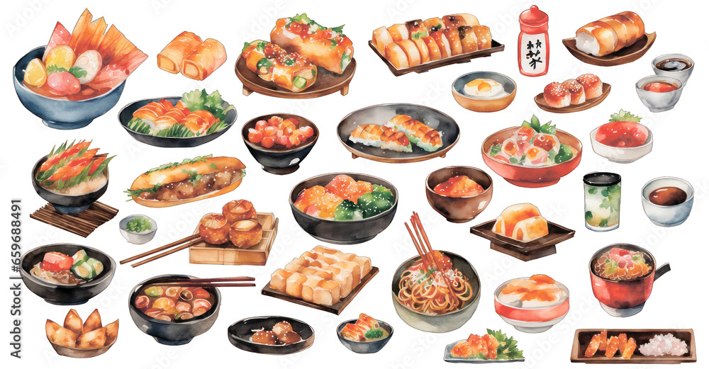 Watercolor Japanese Street-Food Sticker Set Clip Art Stock Illustration ...